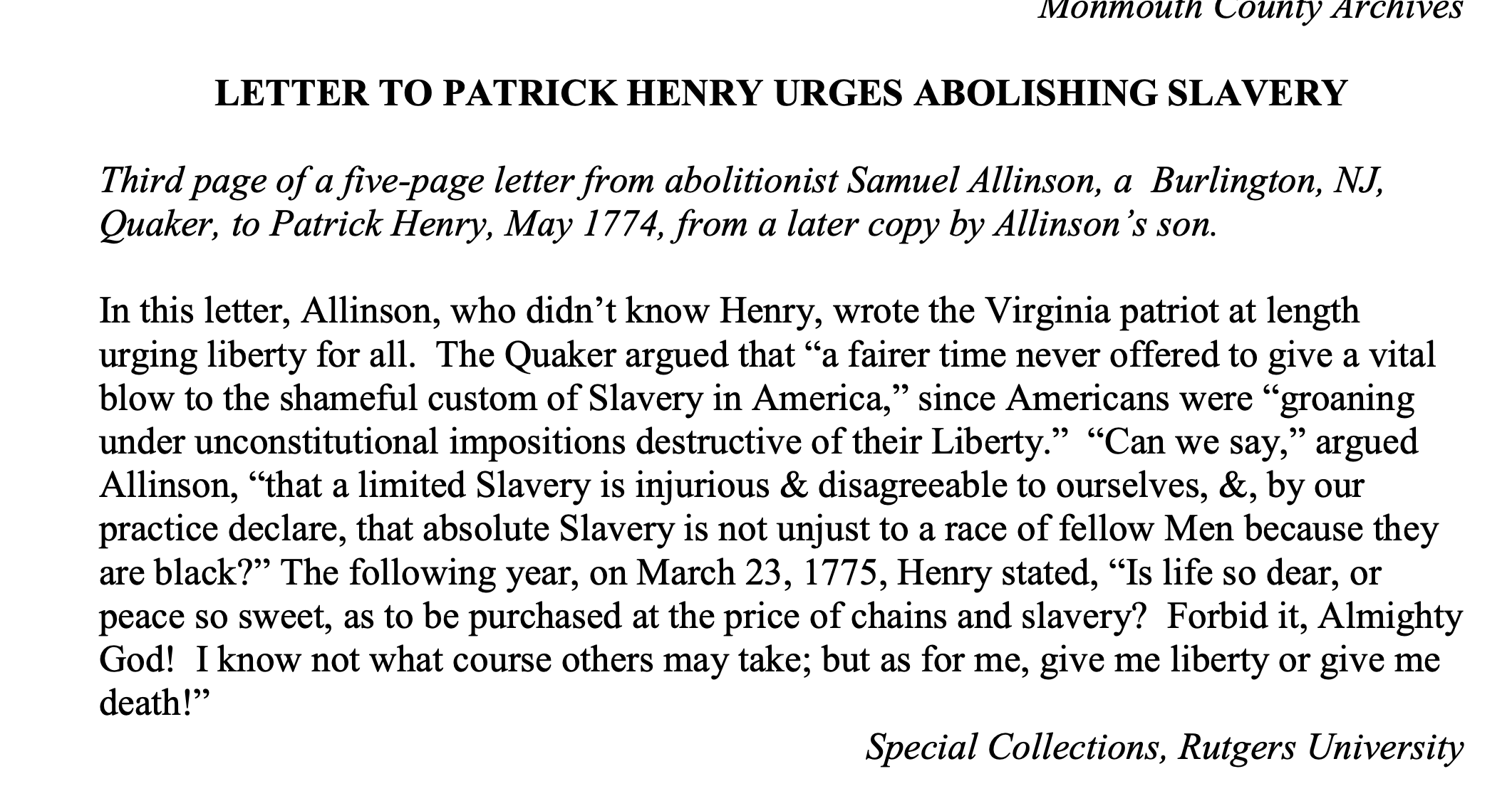 My Story: Samuel Allinson, Burlington County, NJ, July 1778 – njcssjournal